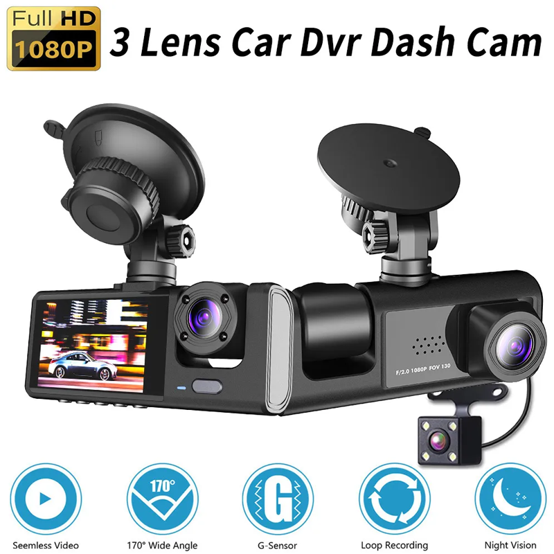 3 Channel Rear DVR HD 1080P Wide Angle Dashboard Cam for Night Vision ...